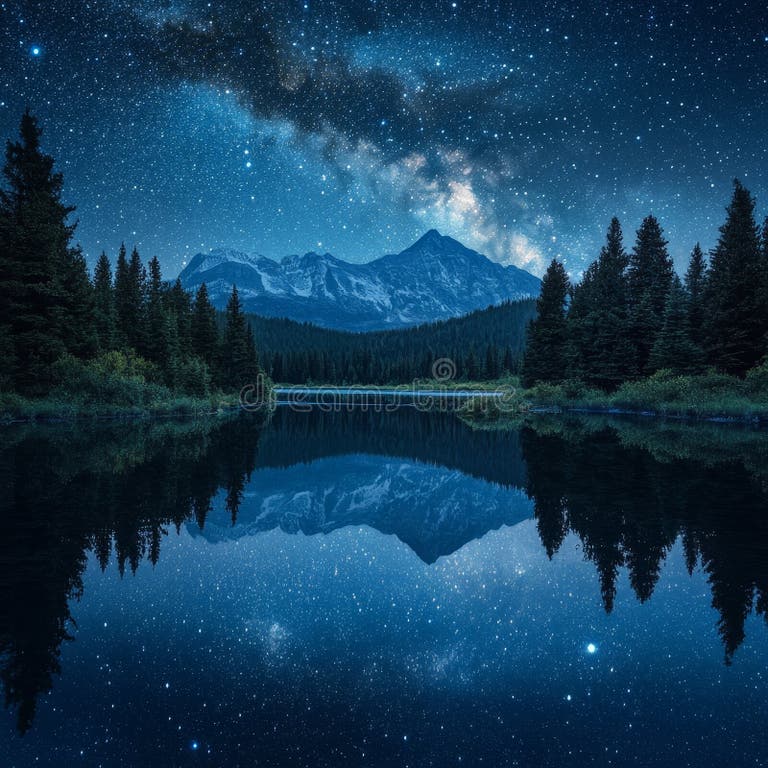 Starry Night Reflection on a Mountain Lake Stock Illustration - Illustration of galaxy, nature ...