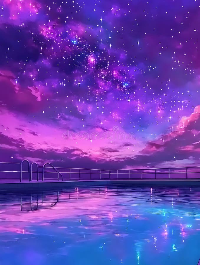 Starry Night Reflection in Swimming Pool Stock Illustration ...