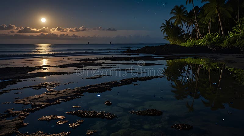Calm Night Beach with Palm Trees and Star Reflections Stock ...