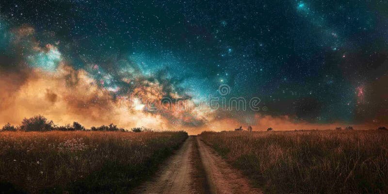 Starry Night Road through Field Stock Illustration - Illustration of ...