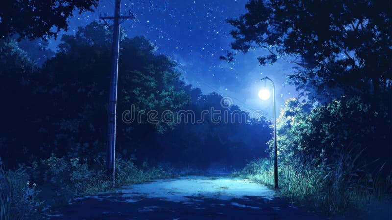 Starry Night Road, Tranquil Night Scene Stock Illustration ...