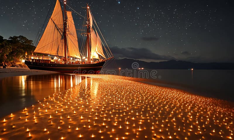 Starry Night Sail on a Tropical Beach Stock Video - Video of golden ...