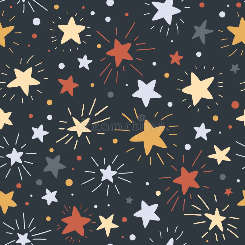Starry Night Seamless Pattern. Cute Hand Drawn Stars Baby Background ...