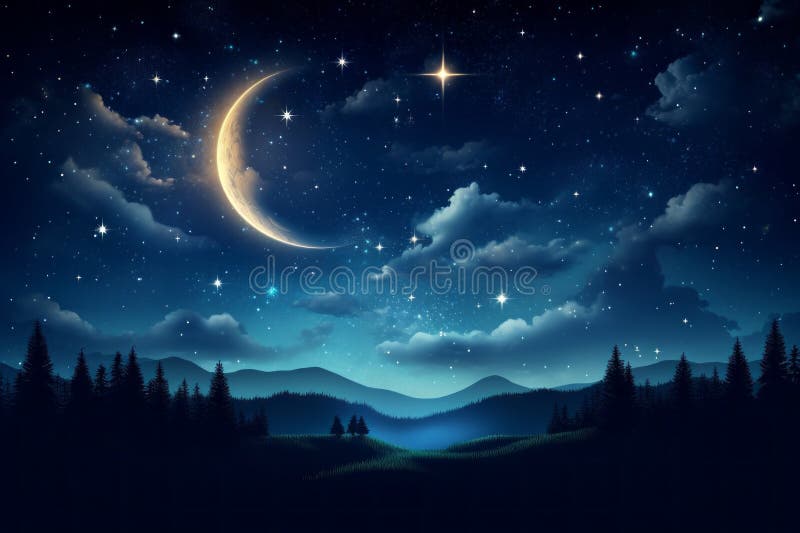 Starry Night with Shooting Star Stock Illustration - Illustration of ...