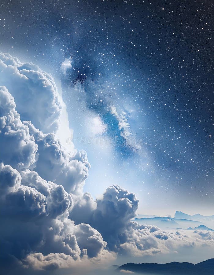 Starry Night Sky Above Fluffy Clouds and Distant Mountains Stock ...