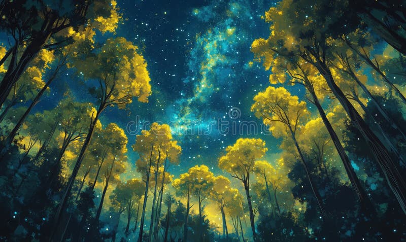 Starry Night Sky Above Illuminated Trees in a Magical Forest Landscape ...