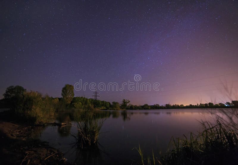 Starry Night Sky Above Lake Stock Image - Image of scenery, violet ...