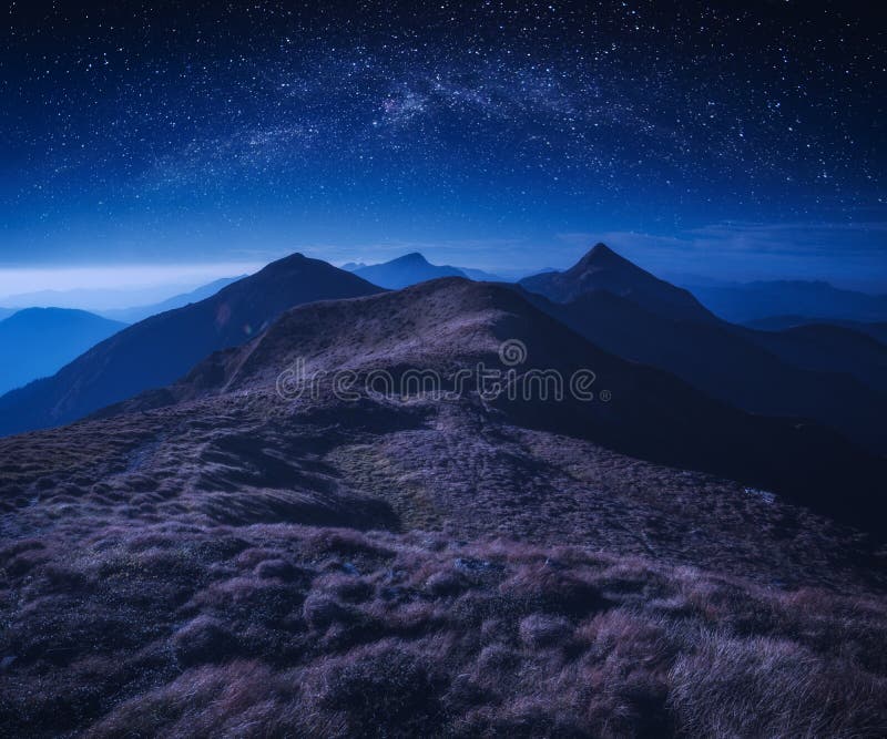 Starry Night Sky Above the Mountain Ridge Stock Photo - Image of spring ...
