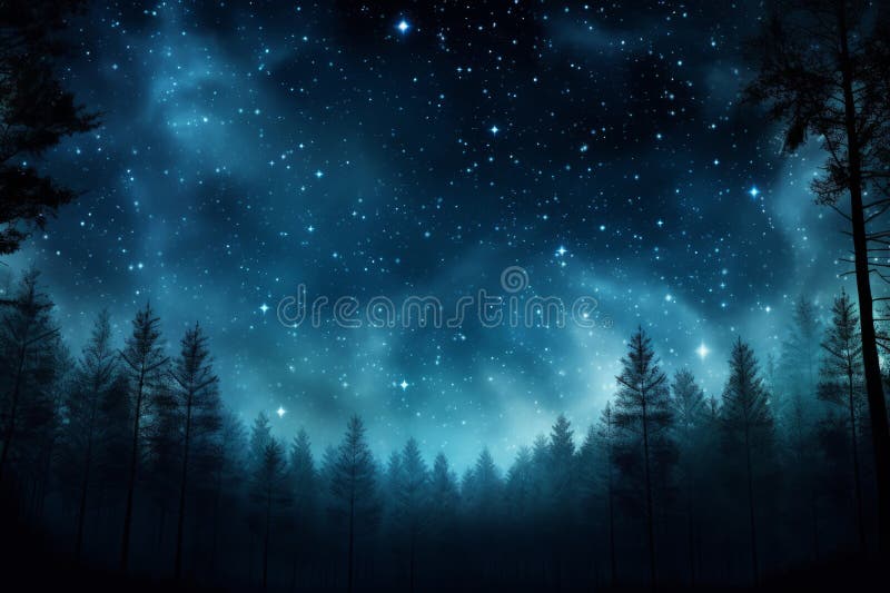 A Starry Night Sky Above a Peaceful Dark Forest Stock Illustration ...