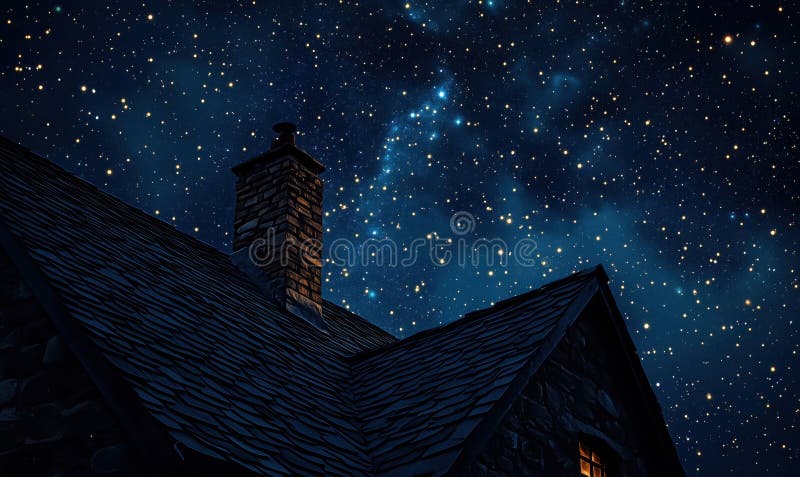 Starry Night Sky Above Rustic Stone House with Chimney and Glowing ...