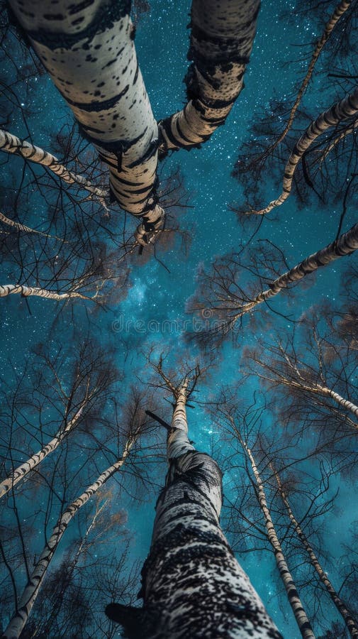Starry Night Sky through Birch Trees Stock Image - Image of pattern ...
