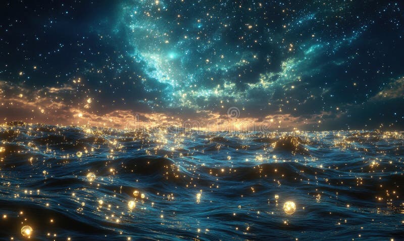 A Starry Night Sky with a Blue Ocean Stock Illustration - Illustration ...