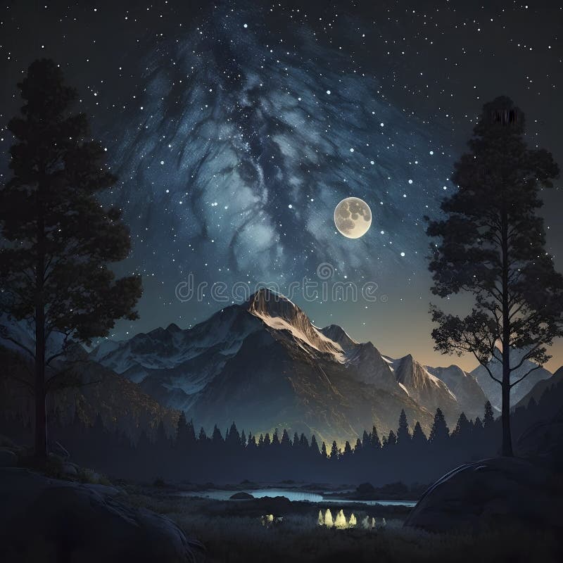 Starry Night Sky with Bright Full Moon Stock Illustration ...