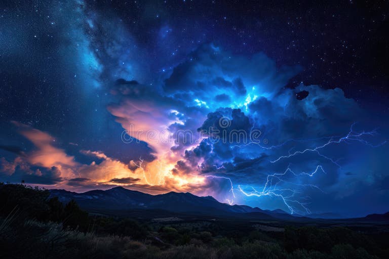 Starry Night Sky with Bright Lightning in Mountains during a ...