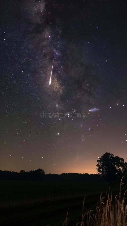 Starry Night Sky with a Bright Meteor and the Milky Way Stock Photo ...