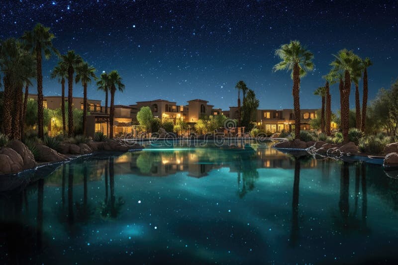 Starry Night Sky Captured Over a Serene Oasis Stock Illustration ...