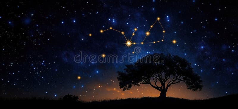 Starry Night Sky with Constellation and Silhouette of Tree in ...