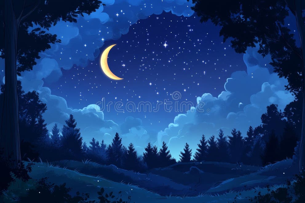 Starry Night Sky with Crescent Moon Over a Forest. Stock Illustration ...