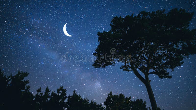 Starry Night Sky with Crescent Moon Over Silhouetted Pine Trees Stock ...