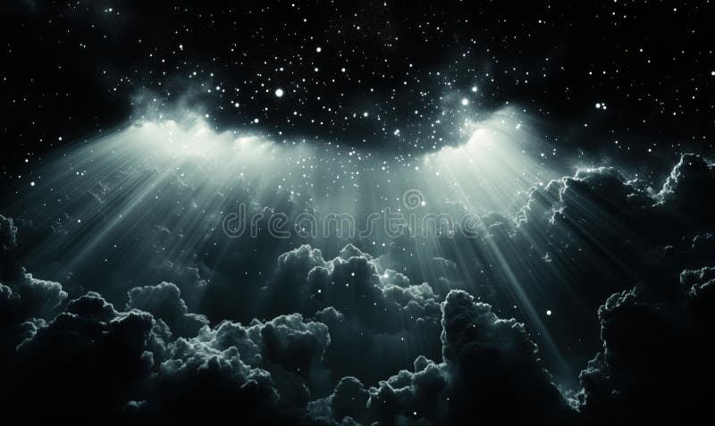 Starry Night Sky with Dramatic Clouds and Light Rays Stock Photo ...
