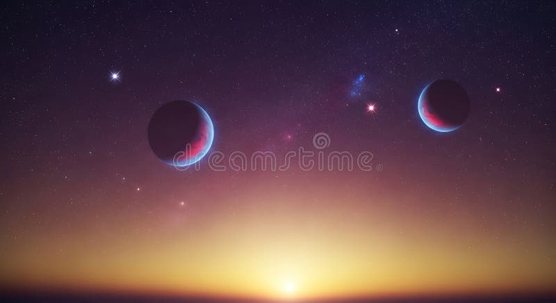 Starry Night Sky with Planets and Glowing Orange Sun is Depicted in ...