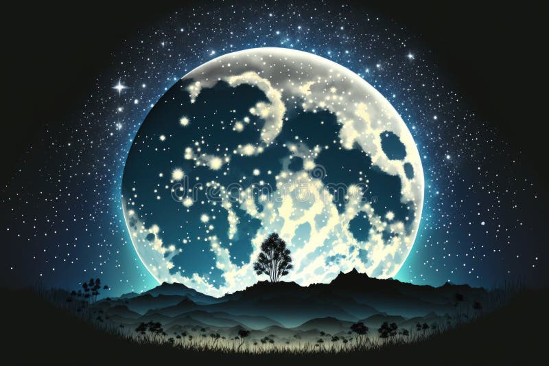 Starry Night Sky with a Full Moon in the Distance Stock Illustration ...