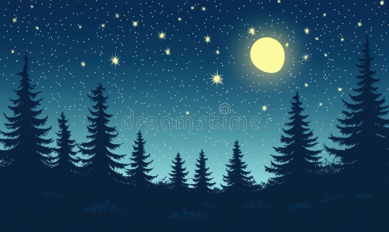 Starry Night Sky with Full Moon Over Silhouetted Pine Trees in Forest ...