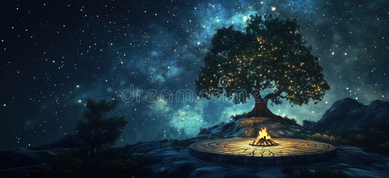 Starry Night Sky with Glowing Tree and Campfire on Rocky Landscape ...