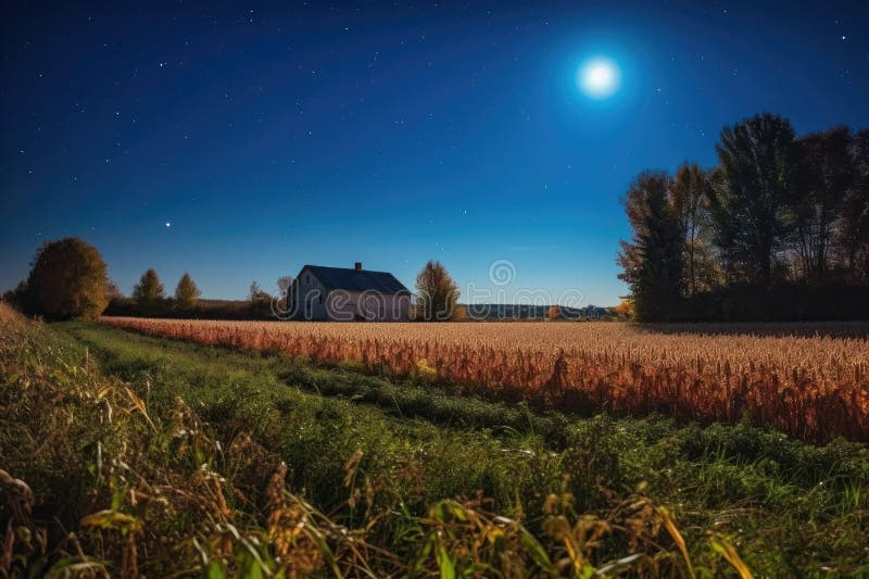 Starry Night Sky with the Harvest Moon Shining Bright Stock ...
