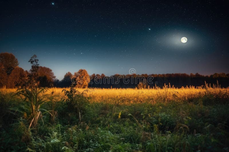 Starry Night Sky with the Harvest Moon Shining Bright Stock ...