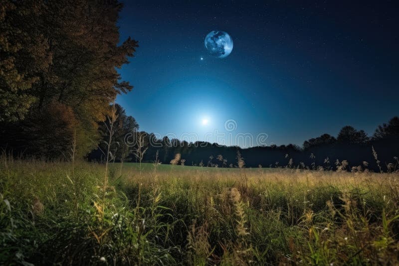 Starry Night Sky with the Harvest Moon Shining Bright Stock Photo ...