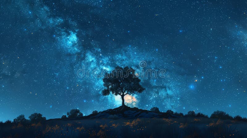 Starry Night Sky with an Isolated Tree on a Hill Stock Image - Image of ...
