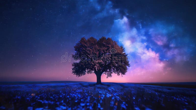 Starry Night Sky with a Lone Tree and a Field of Flowers Stock Footage ...