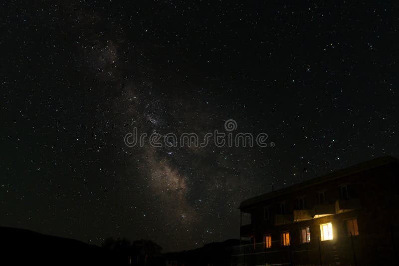 Starry Night Sky with Milky Way and Building Stock Photo - Image of ...
