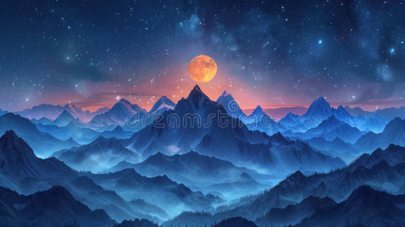 Starry Night Sky Over Blue Mountain Range with Full Moon Stock Image ...
