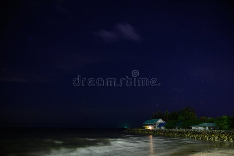 Starry Night Sky Over Calm Sea Beach Stock Image - Image of nightscape ...