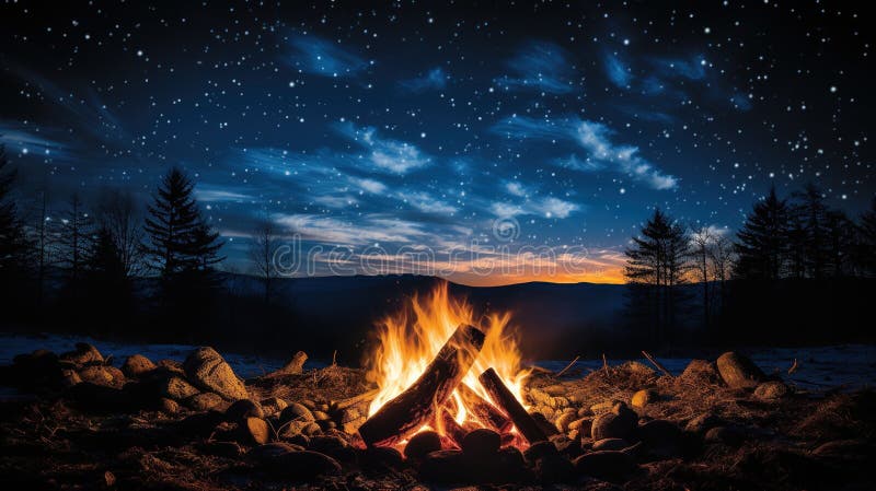 A Starry Night Sky Over a Campfire with the Flames Stock Illustration ...