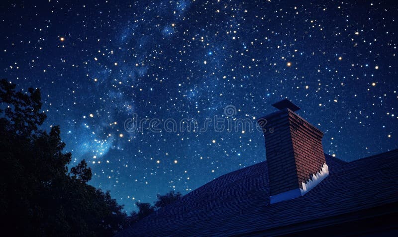 Starry Night Sky Over Chimney and Rooftop with Vibrant Celestial ...