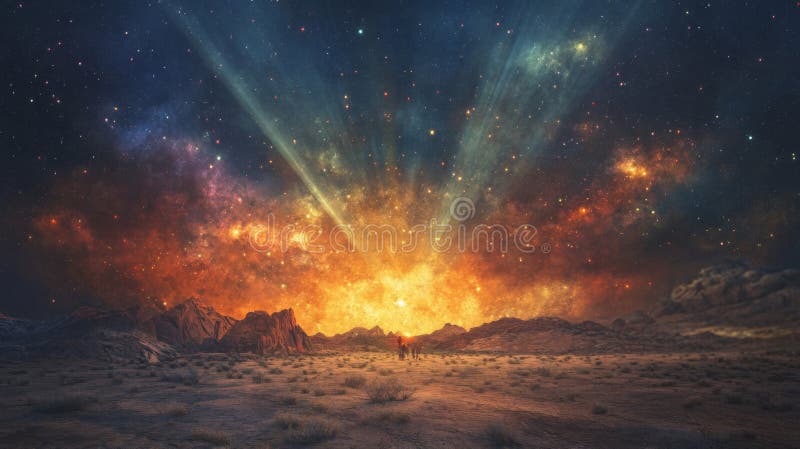 Starry Night Sky Over Desolate Rocky Landscape with Figures in Distance ...