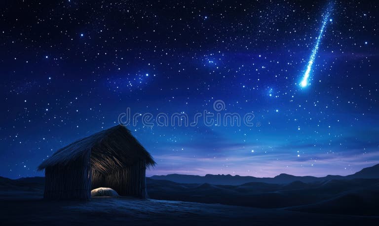Starry Night Sky Over a Humble Stable with a Glowing Figure Inside ...