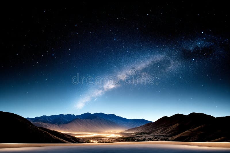 Starry Night Sky Over Illuminated Mountain Landscape with Milky Way ...