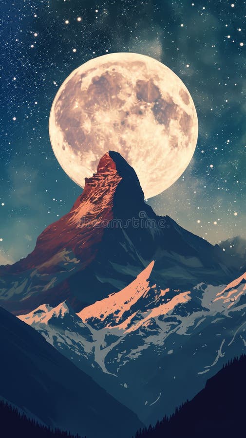 Starry Night Sky Over a Mountain Peak with a Full Moon Stock Image ...