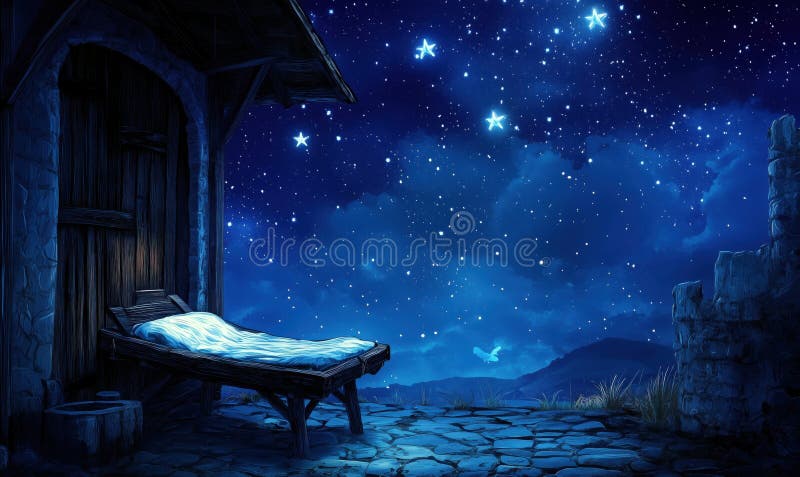 Starry Night Sky Over Rustic Bed in Serene Outdoor Setting Stock Image ...