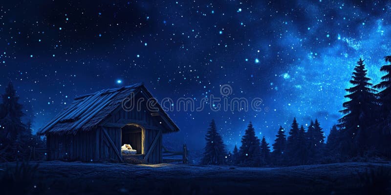 Starry Night Sky Over Rustic Cabin Surrounded by Pine Trees ...