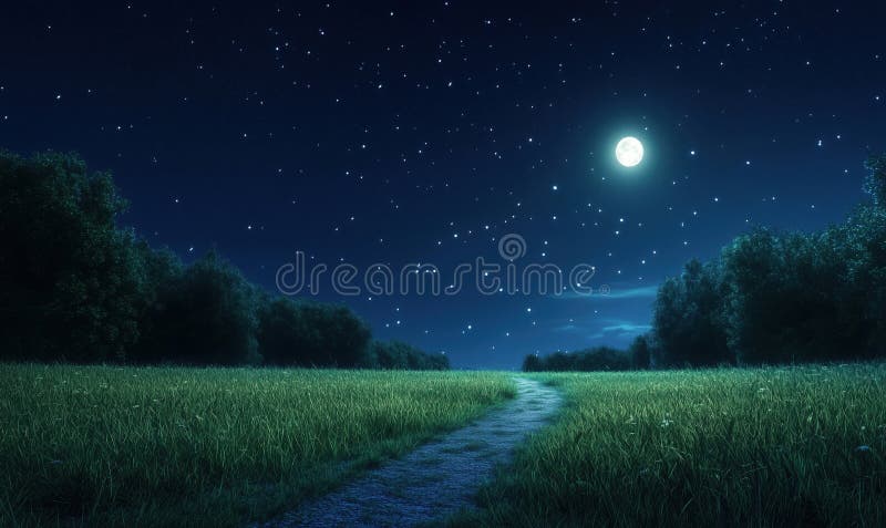 Starry Night Sky Over Serene Meadow Pathway with Full Moon Illuminating ...
