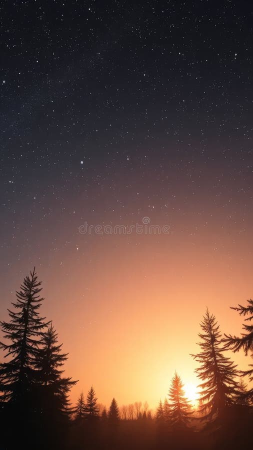 Starry Night Sky Over Silhouetted Trees with a Glowing Horizon Stock ...