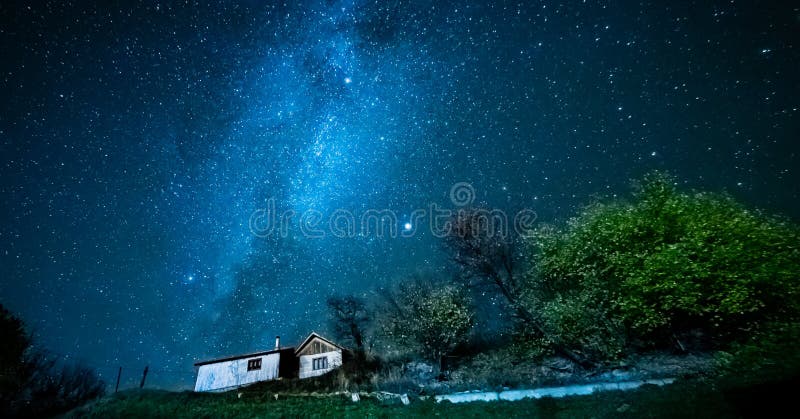 Starry Night Sky Over a Small House and Trees Stock Image - Image of ...