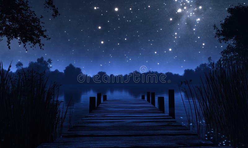 Starry Night Sky Over Tranquil Lake Stock Photo - Image of dark ...