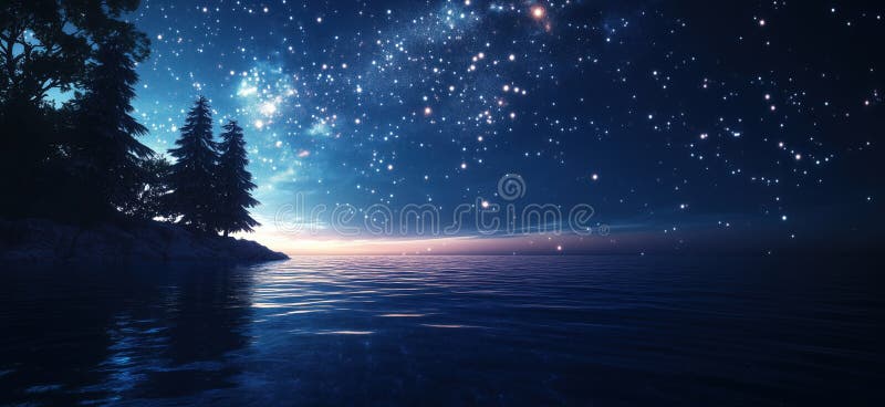 Starry Night Sky Over Tranquil Ocean with Silhouetted Trees and Distant ...