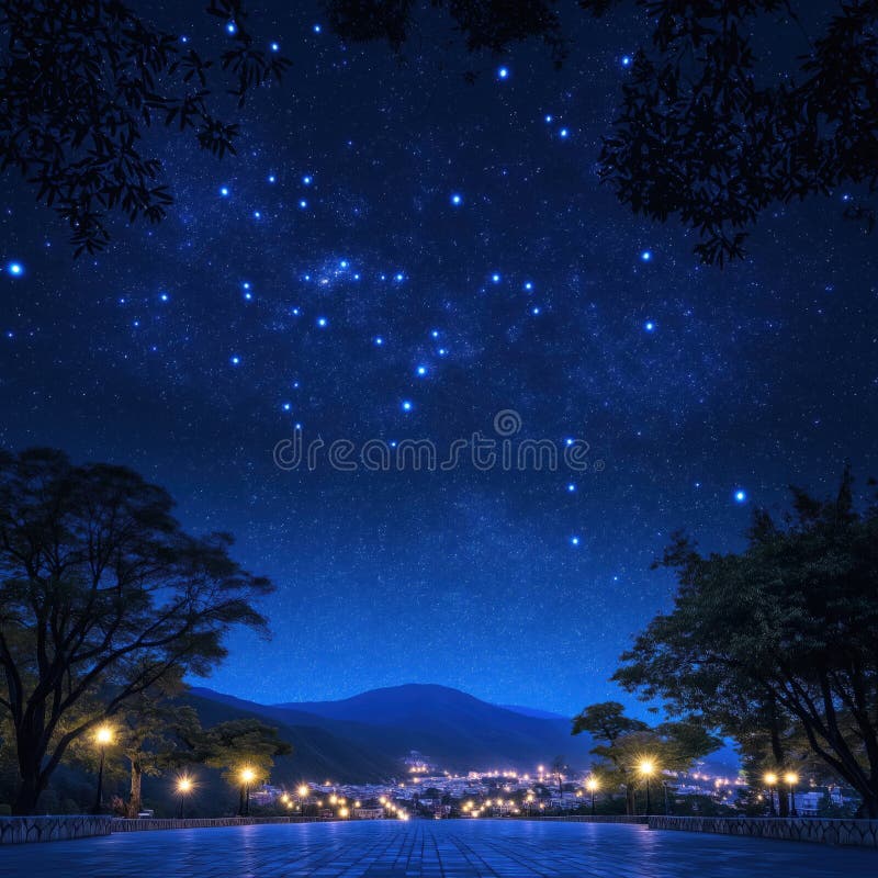 Starry Night Sky Over Tranquil Town with Bright Constellations and ...